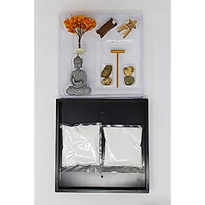 Nature's Mark Mini Zen Garden Kit for Desk with Rake, White Sand, Buddha, Bridge Black Square Base, River Rocks and Mini Blossom Tree (9Lx9W A)