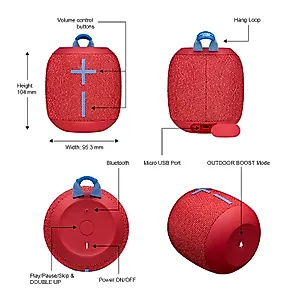 Ultimate Ears WONDERBOOM 2, Portable Wireless Bluetooth Speaker, Big Bass 360 Sound, Waterproof/Dustproof IP67, Floatable, 100 Ft Range - Radical Red