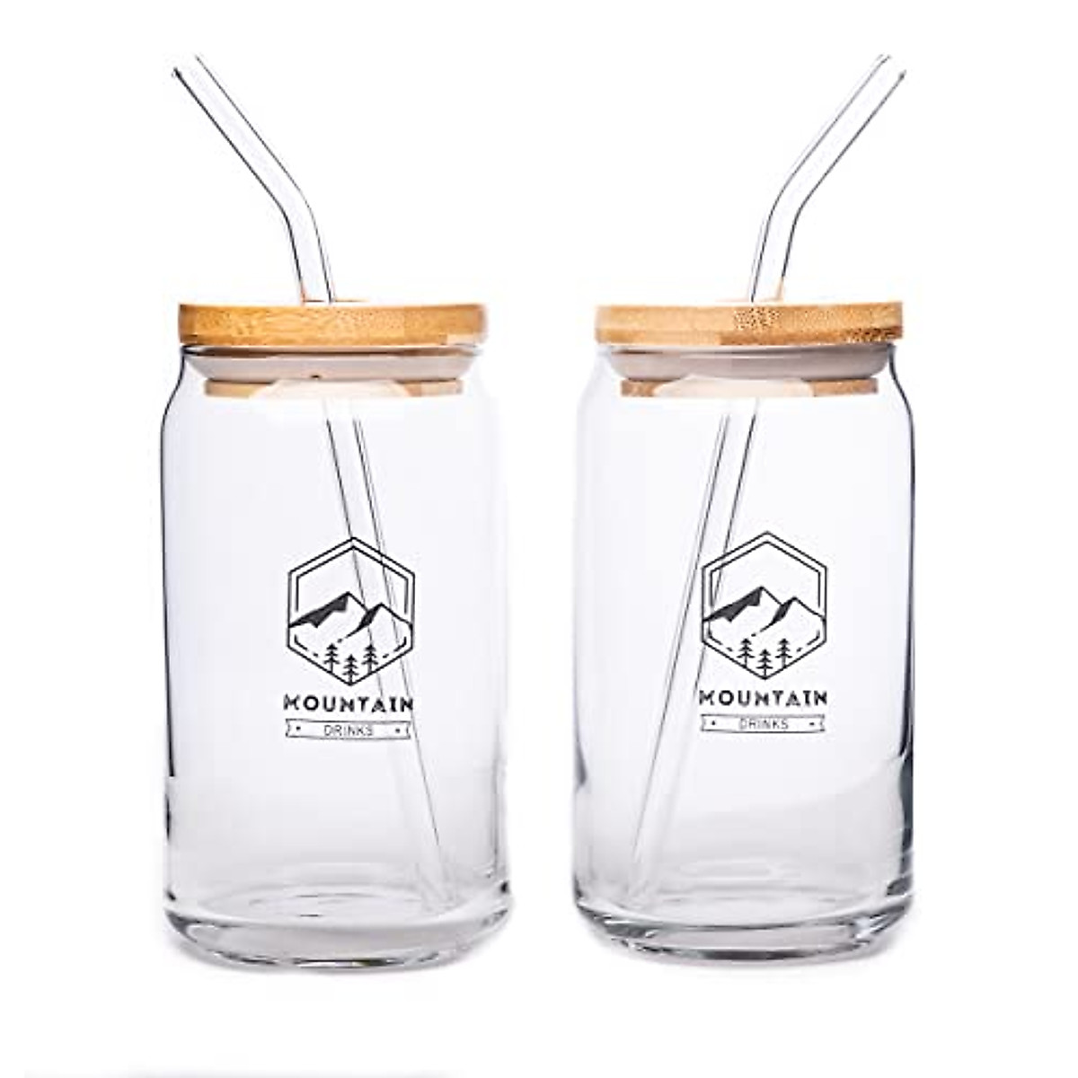 Mountain Drinks Drinking Glasses - 2 Pack Strong Borosilicate Libby Glasses - Bamboo Lids, Glass Straws - 16oz Can Shaped Glass for Beer, Iced Coffee, Water, or Gifts
