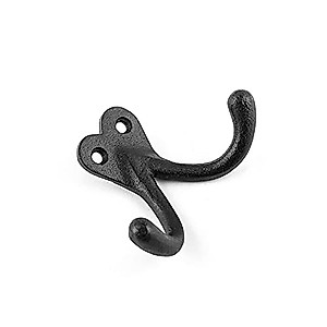 Renovators Supply Black Cast Iron Coat Double Hook Decorative Robe Wall Mount Hanger Hooks for Hat or Jacket Holder Rust Resistant Powder Coated Utility Storage Hooks with Hardware Pack of 5