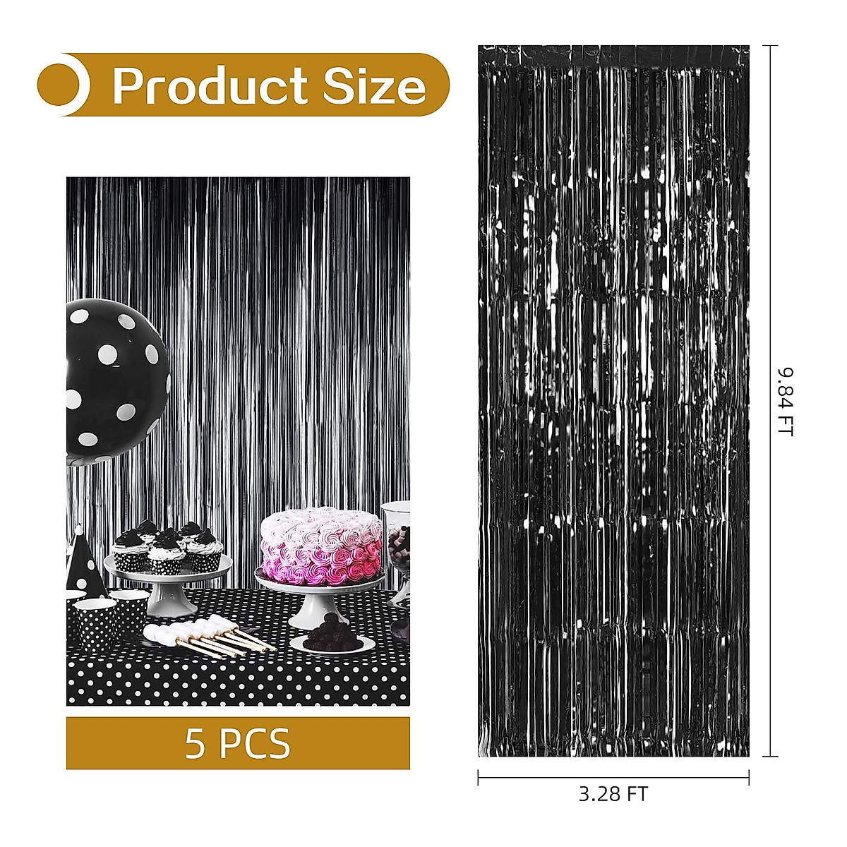 Ohiyoo 5 Pack 3.2ft x 9.8ft Black Foil Fringe Backdrop Curtains Metallic Tinsel Curtain Fringe Backdrop Streamer for Birthday Party Decoration Baby Shower Wedding Halloween Christmas Party Decor