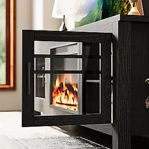 IRONCK 59” TV Stand with 23” Electric Fireplace, Glass Door TV Stand for TVs up to 65", Wood Entertainment Center for Living Room, Bedroom - Black
