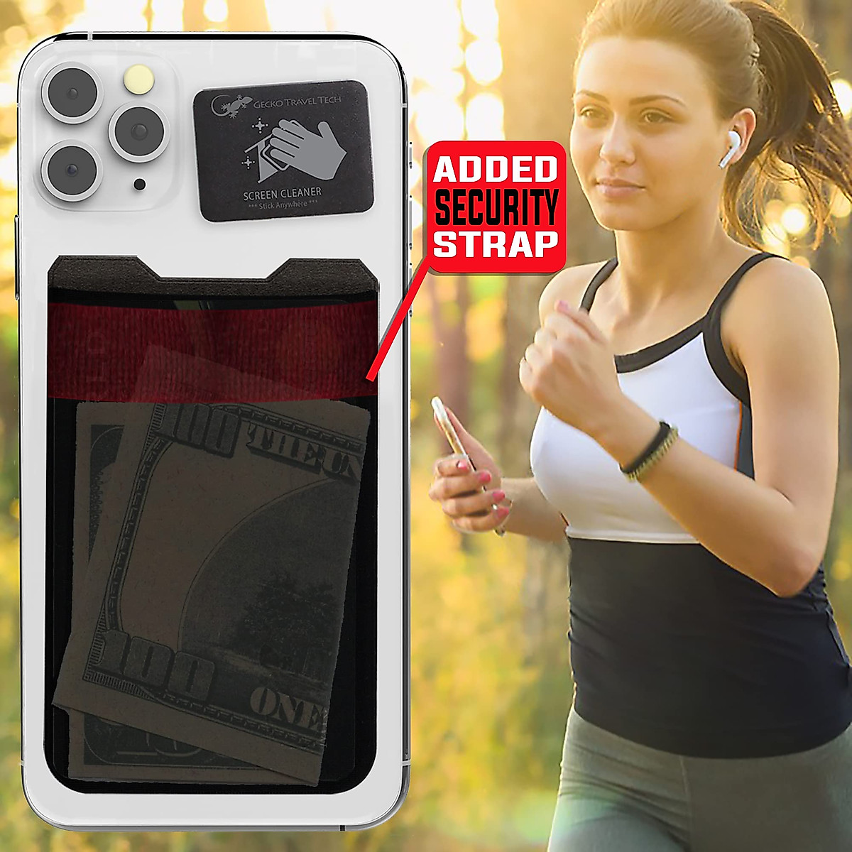 Gecko Travel Tech Phone Wallet - Stick On Card Holder Wallet for Cell Phones - Adhesive Card Pocket for Credit Cards and Money - Sticker for Cases - Phone Stand - BLACK BLACK