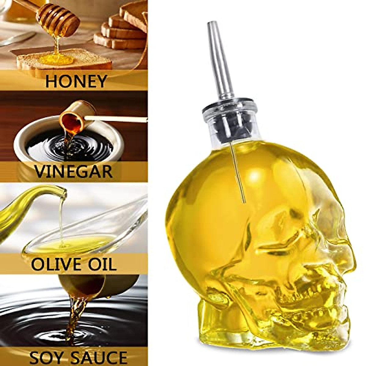Gusnilo Olive Oil Dispenser 15 Oz Skull Shape Oil and Vinegar Dispenser Set Oil Bottle Glass Oil Bottle Oil Vinegar Cruet Set with Stainless Steel Pourer Spout Funnel 450 Ml