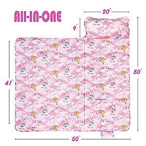 Rossison Nap Mat with Pillow and Blanket 100% Cotton with Microfiber Fill, Padded Sleeping Mat, for Daycare Preschool Toddler Prek Girls Kids (Pink Unicorn, Standard-50 x20)