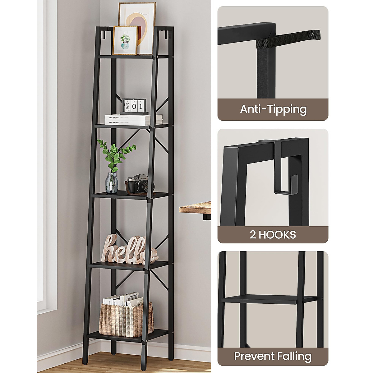 Hzuaneri Ladder Shelf, Bookshelf Bookcase, Freestanding Corner Storage Shelve with 2 Hooks for Home Office, Living Room, Kitchen, Bedroom, Industrial, 5-Tier Black BC03204B