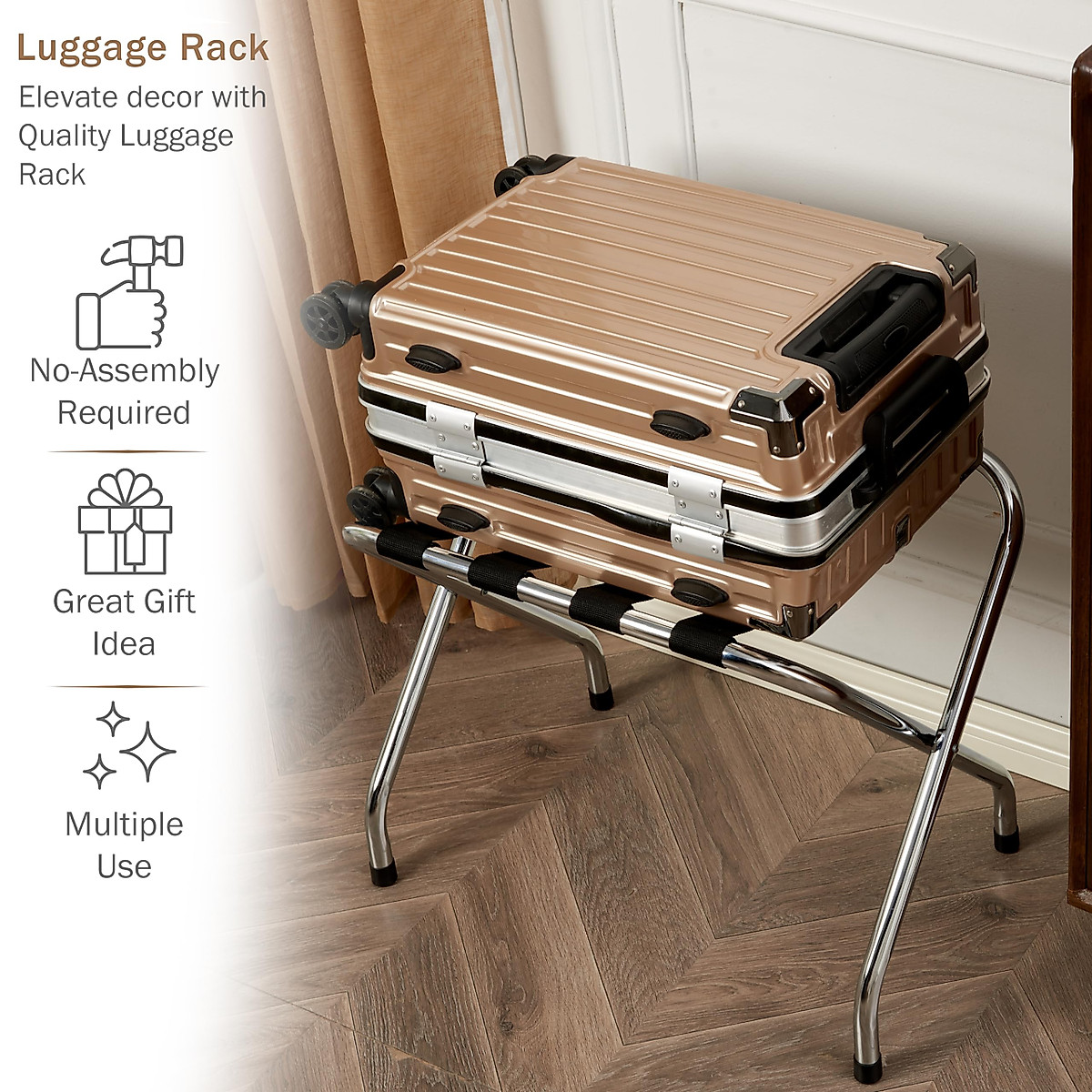 Folding Luggage Rack for Guests - Luggage Rack for Guest Room with Metal Foldable Stand Nylon Belts & Rubber Feet for Stability, Heavy Duty Suitcase Stand for Suitcases, Must Have for Hotel & Bedroom