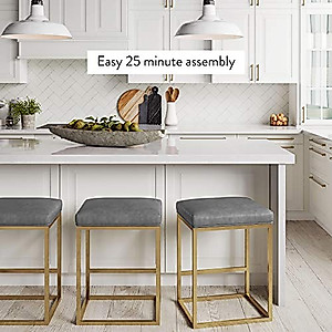 Nathan James Nelson Backless Pub-Height Kitchen Counter Bar Stool with Faux Leather Cushion and Metal Base, 24", Gray/Gold