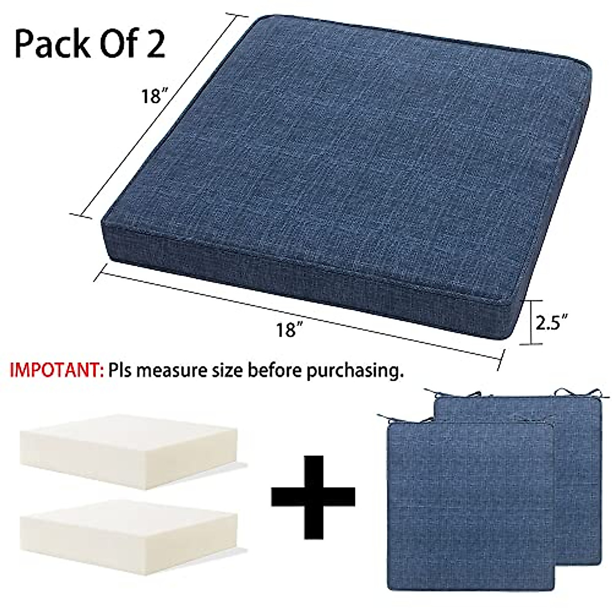 Magpie Fabrics Indoor/Outdoor Waterproof Square Corner Seat Cushion, 18" x 18" x 2.5", 2 Pack, Weather Resistant Universal Seat Cushions, for Patio Garden Dining(Navy Blue Textured)