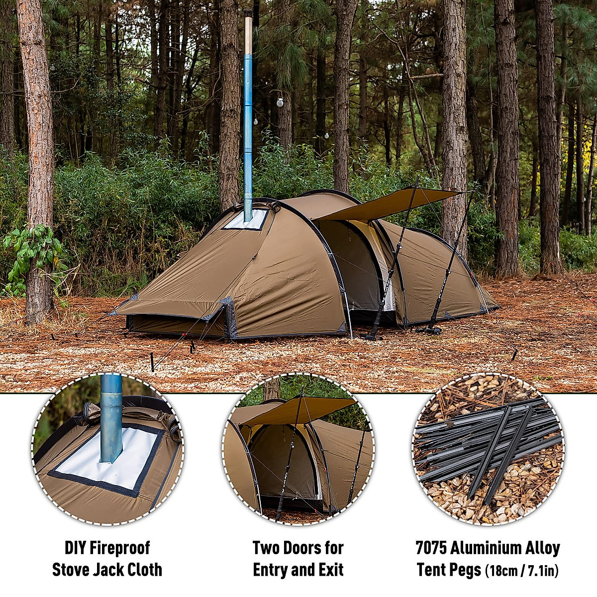 Camping Hot Tent Chimney Tent 2 Person Tent, POMOLY Locomotive 20 Tunnel Tent with Stove Jack for Hiking, Hunting, Backpacking