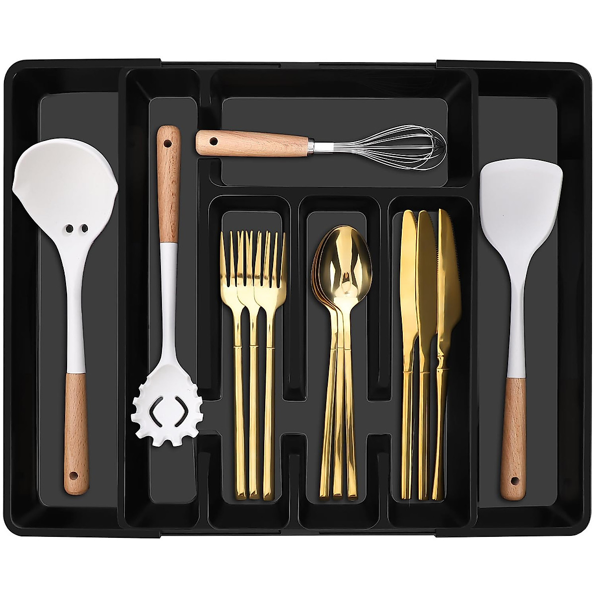 Dntorx Utensil Drawer Organizer, Expandable Silverware Drawer Organizer Adjustable Kitchen Drawer Organizer Cutlery Drawer Utensil Tray Flatware Tray for Forks Spoons Knife Organizer(Large, Black)