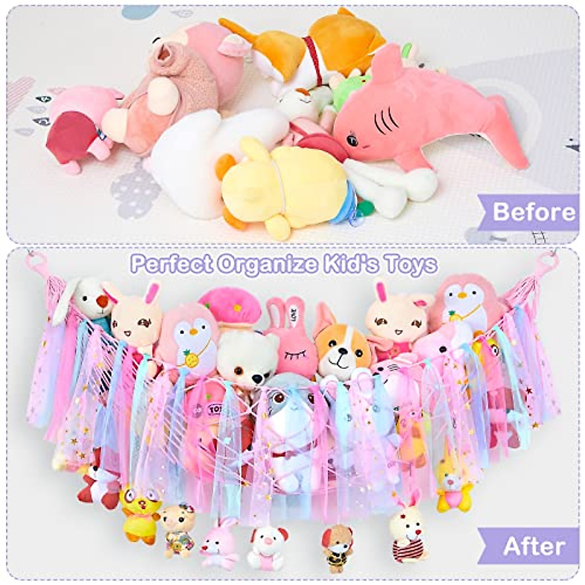 Basumee Stuffed Animals Net Or Hammock Wall Mounted Stuffed Animals Storage Display Plush Toy Storage With Tassels For Nursery Playroom Kids Room Decor