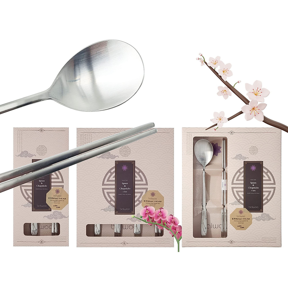 BALWOO [1 Set] [Made in Korea] Orchid Design Korean Style Sticky Rice Spoon Chopsticks Set Silverware Set 304 Stainless Steel Cutlery Set Soup Spoon Ramen Chopsticks Flatware (1 Set)