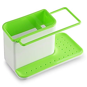 Kitchen Sponge Holder for Sink - Kitchen Sink Caddy - Sink Organizer with Brush Dispenser Holder and Drain Pan Tray - Dish Sponge Holder – Dual Use Sponge Brush Soap Dish Holder with Rag Rack