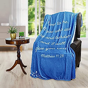 Scripture Blanket Soft Prayer Blanket with God's Promise from Matthew 11:28 - Blue 50"x65" Inspirational Blanket - Lightweight Flannel Fleece Bible Verse Blanket