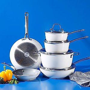 Sur La Table Kitchen Essentials 10 Piece PFA Free Non-Toxic Titanium Ceramic Nonstick Interior Forged Aluminum Cookware Pots and Pans Set - Linen White - Induction Compatible