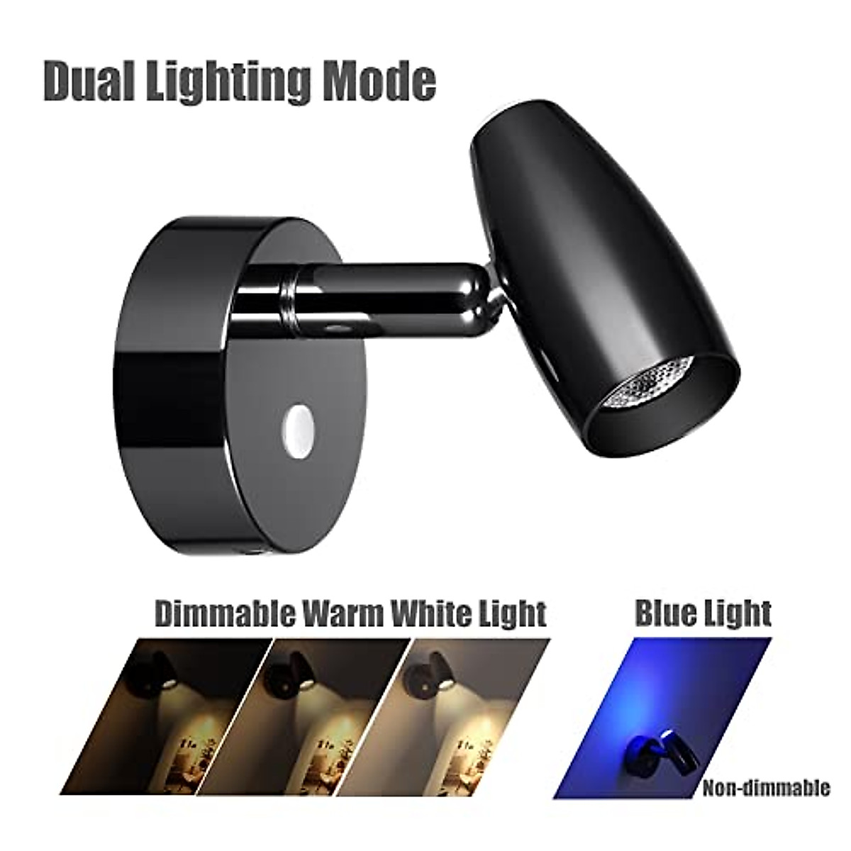 Obeaming RV Reading Light 12V Swivel LED Spotlight with Quick USB Charger& Blue Nightlight, Camper Van Travel Trailer Bed Reading Light, 12-24VDC Hard-Wired (Gloss Black)