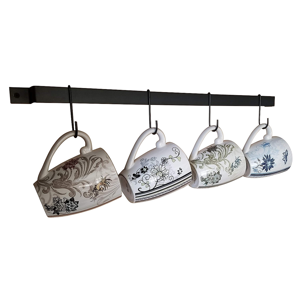 Wall-Mounted Utensil Rack Hanger – Black, 17" x 1" - Rustic Iron Kitchen Organizer with Ten 3.5" Hanging Hooks - Coffee Mug Rail - Pot and Pan Holder - Organizing Rod for Cookware - Claimed Corner