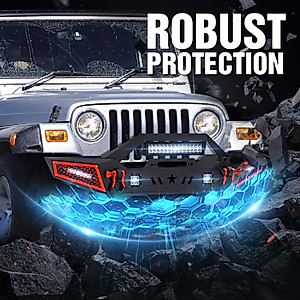 YZONA Off-road Front Bumper Compatible with 1987-2006 Jeep Wrangler TJ YJ LJ Rock Crawler Bumper w/Paintable Armor, Winch Plate, 1 x 312W LED Light, 4 x 18W LED Lights & D-rings, 2/4 Doors (Black)