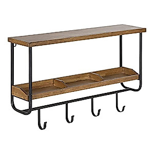 Kate and Laurel Oddell Farmhouse Wall Shelf with Hooks, 24 x 6 x 15, Rustic Brown, Modern Decorative Two-Tier Shelf