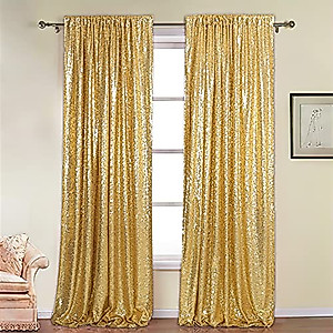 WEMOSI Gold Sequin Backdrop Curtain - 2PCS Glitter 2.5x8FT Gold Sequin Curtains Wedding Party Ceremony Birthday Candy Buffets Photography