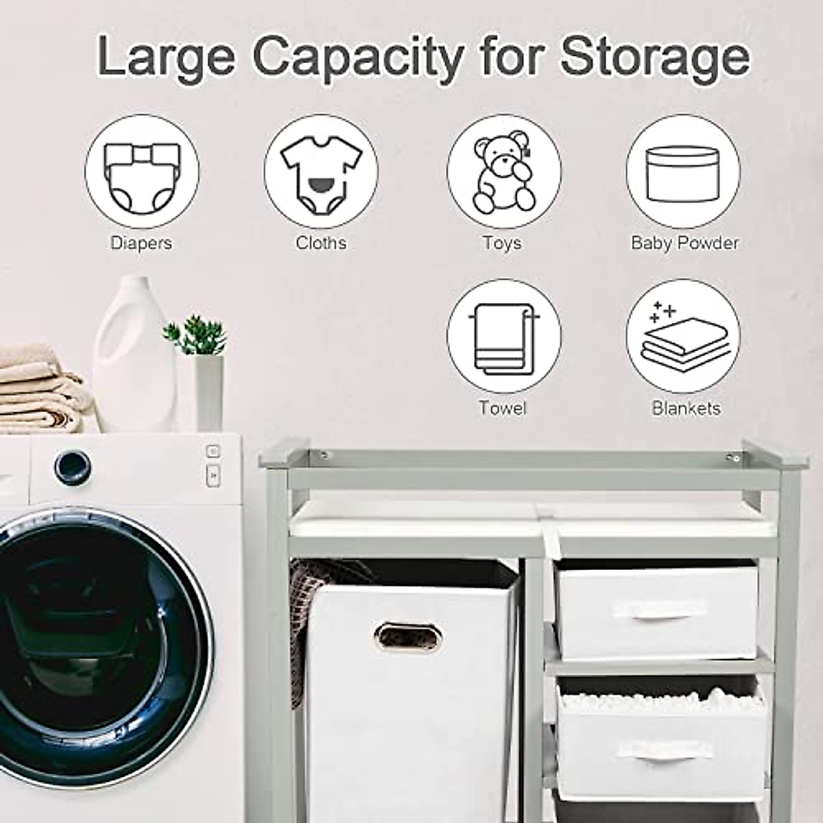 Kinfant Baby Changing Table with Storage - Diaper Changing Table with Laundry Hamper, 3 Storage Basket, Changing Pad & Safety Belt (Grey)