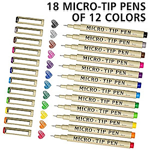 Shuttle Art 18 Pack Micro-line Pens, Waterproof Archival Ink, 11 Colors in 0.3MM Felt Tip & 7 Blacks in Sizes 0.15MM to 0.5MM Multiliner For Journaling Technical Illustrating Drawing Manga Zentangle