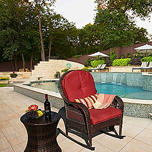 Sundale Outdoor Rocking Chair, Patio Wicker Rocker Chair with Olefin Cushions and Pillow, Rocking Lawn Chair Wicker Patio Furniture - Steel Frame, Brown, Red