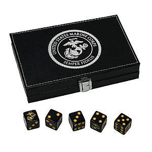 Marine Corps Playing Cards and Dice Set – Black Leather Keepsake Box, Playing Cards with USMC Rank Insignia, EGA Dice