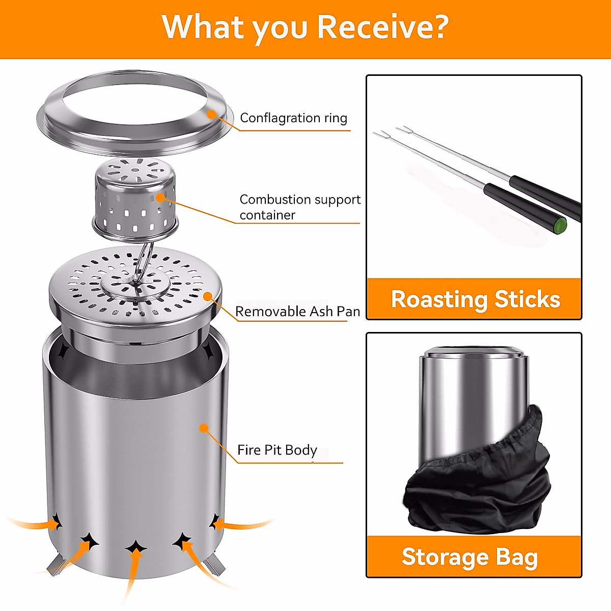 Tabletop Fire Pit, QVCQ Low Smoke Burning Mini Firepit for Outdoor, Camping, Wood Pellets Smores Fire Stove, Stainless Steel with Stands & Removable Ash Pan