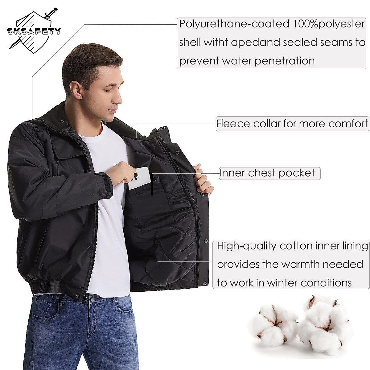 SKSAFETY High Visibility Reflective Jackets for Men, Waterproof Safety Jacket for Men with Pockets, Black Work Construction Coats for Winter Cold Weather,2XL, 1 Pack