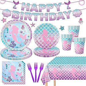 122Pcs Mermaid Birthday Party Supplies Mermaid Party Decorations Set Includes Plates, Napkins, Forks, Cups, Tablecloth, Banner for Girls Baby Shower Ocean Party Supplies, Serves 24