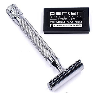 Parker 91R Double Edge Safety Razor – Three-Piece Heavyweight Safety Razor with Brass Frame & Chrome Plated Knurled Handle –5 Premium Parker Platinum Double Edge Razor Blades Included