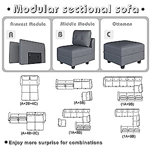 LLappuil Modular Sectional Sofa with Reversible Chaise, Faux Leather Fabric 7 Seater Modular Sofa with Storage, Convertible U Shape Sectional Couch with Ottomans, Dark Grey