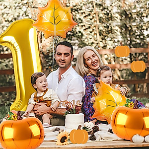 Dripykiaa 5Pcs Pumpkin First Balloon 40" Gold One Year Old Balloon Set for First Birthday Fall Birthday Decorations Maple Leaves Pumpkin Foil Helium Balloons Party Supplies Backdrops for Girls Boys