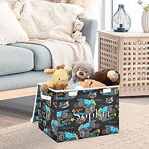Vnurnrn Monster Truck Tires Personalized Large Storage Bins with Lids Collapsible Closet Organizer Shelf Baskets for Living Room Toys Snack