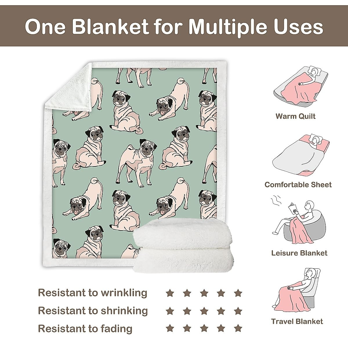 Sleepwish Pug Blankets for Kids Pug Fleece Throw Blanket Cute Pug Gifts for Girls Boys Soft Dog Animal Sherpa Blanket Pug Blankets and Throws for Couch Adults, Green (50" X 60")