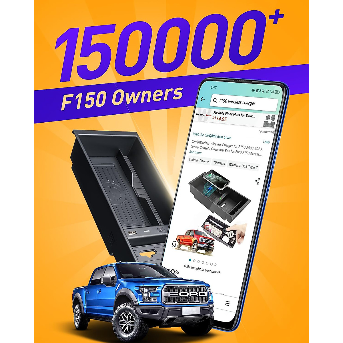 CarQiWireless Wireless Charger for F150 2009-2023 2024, Center Console Organizer Box for Ford F150 Accessories F-150 2009 2010 2011 2012 2013 2014 2015 2016 2017 2018 2019 2020 2021 2022 2023 2024
