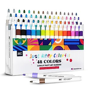 JKC 48 Colors Acrylic Paint Markers Set, Acrylic Paint Pens with Medium Tip for Kids Adults, Acrylic Markers for Rock Painting, Pumpkin, Stone, Canvas, Wood, Paper, Glass, Ceramic, Fabric, Plastic Egg