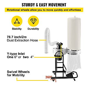 VEVOR 1.5 HP Dust Collector, 647 CFM Portable Vortex Dust Collector, Woodworking Dust Collector with 13.2-Gallon Collection Bag and Mobile Base, 220V Dust Collection System 25-Micron Canister Kit