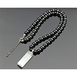 ElisaJewelryArt - Natural Raw Selenite Pendant Natural Black Onyx Beaded Necklace Genuine Gemstone Angel Stone Clasp Closure Hematite Necklace Unisex Necklace (22, Raw Selenite)