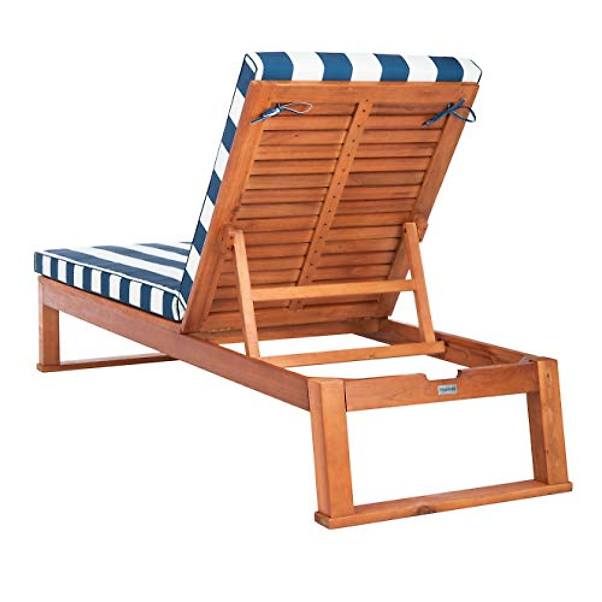 SAFAVIEH Outdoor Collection Solano Natural Wood/ Navy Stripe Cushion Patio Backyard Chaise Lounger Chair