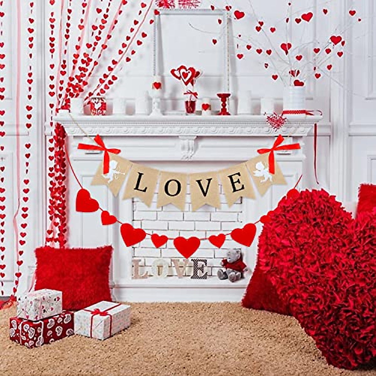 2 Pack Valentines Day Garland Valentines Day Decor Burlap Banner Rustic Love Hanging Banner Valentines Decoration Felt Heart Garland Banner Bunting Photo Props Party Supplies for Mantle Fireplace Wall