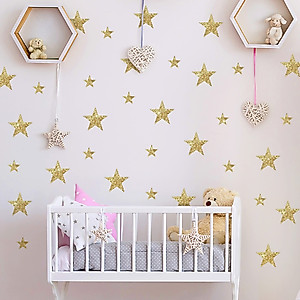 Buiory 63 PCS Removable DIY Gold Glitter Stars Wall Decals Vinyl Sparkle Star Wall Sticker Peel and Stick Art Decor Murals for Children Baby Room Girls Bedroom Nursery Weeding Teens Playroom Door