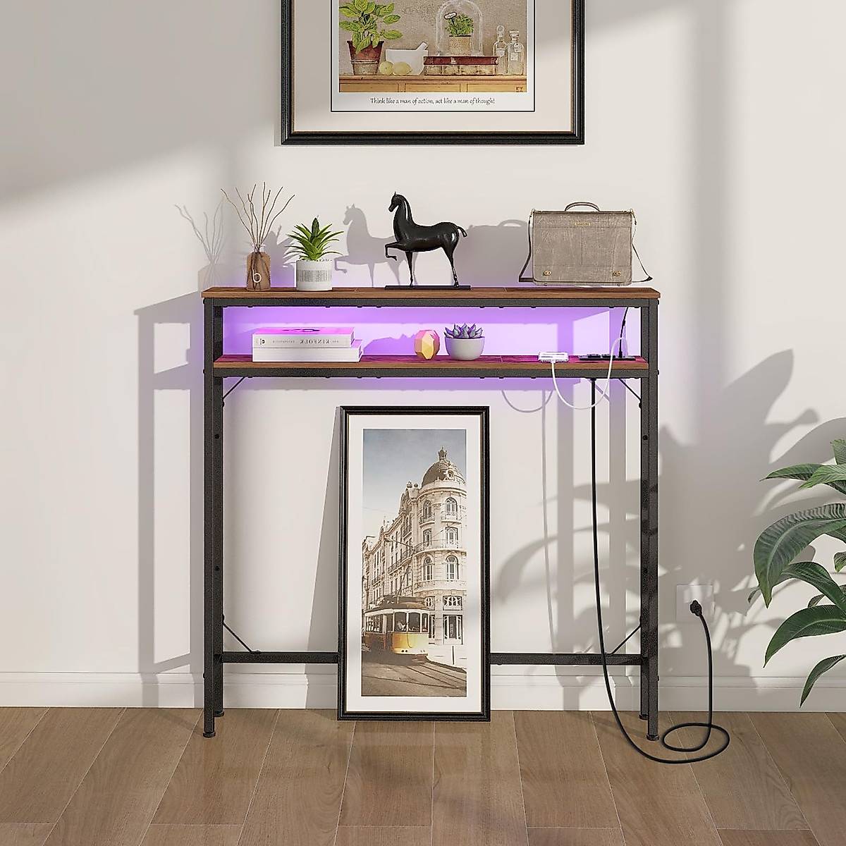 Tohomeor 5.9" Narrow Console Sofa Table with Power Outlets Led Light Sofa Skinny Behind Couch Table with Shelves Metal Frame and Charge Station (1, Rustic Brown)