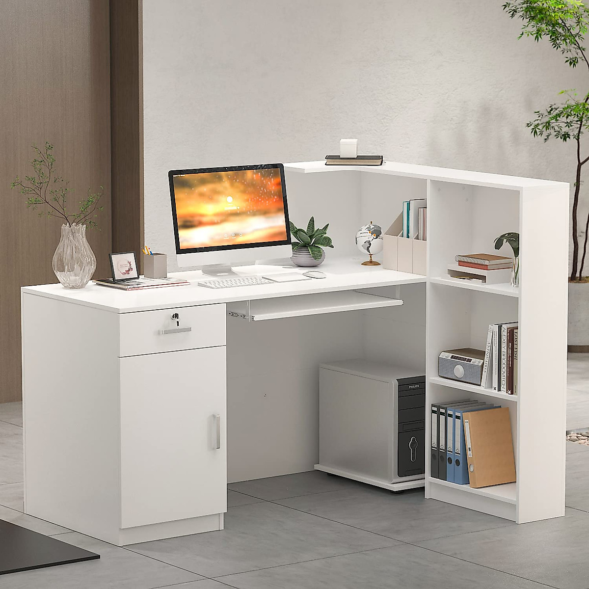 AIEGLE Reception Desk with Hutch, Reception Counter Desk with Lockable Drawers & Shelves, for Salon Recetion Room Retail Counter Checkout Office, White (55.1" W x 43.3" D x 43.3" H)