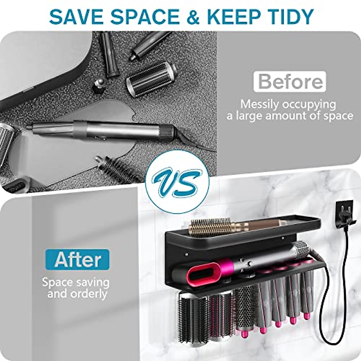 KKUYT Storage Holder for Dyson Airwrap Styler, Wall Mount Curling Iron Accessories Organizer Rack for Dyson Air Wrap Attachments, Hair Dryer Rack with Air Cushion Comb & Adhesive for Home Bathroom