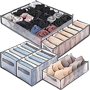 ChezMax Foldable Clothes Organizer Box, Mesh Closet Underwear Storage Bins, Grey Washable Folded Wardrobe Drawer Dividers Set, 6/7/24 Compartment/Grids for Clothing Socks Jeans Pants Ties Scarves Bras
