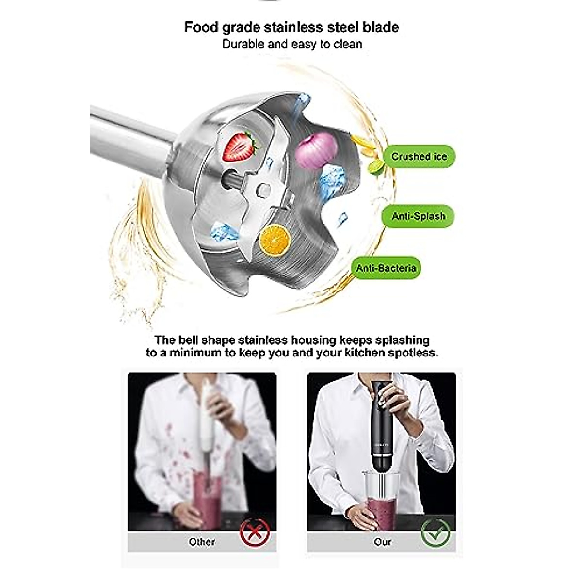 4 in1 Immersion Blender Handheld 304 Stainless Steel Blades, 5 Speed & 3-Angle Adjustable Chopper Beaker Whisk and Beater for Milkshakes Smoothies Soup Baby Food