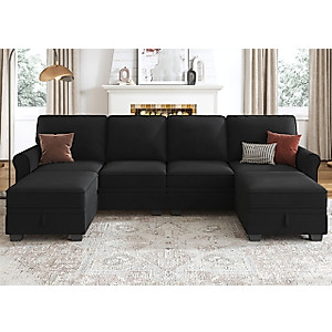 HONBAY Sectional Sofa with Storage Seat Velvet U Shaped Sectional Couch with Reversible Chaise Convertible Sectional Couches for Living Room,Black